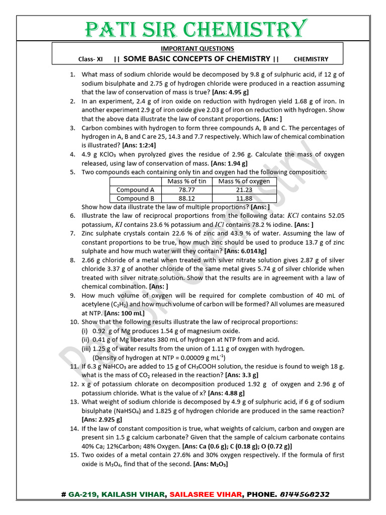 Basic Concepts of Chemistry (Imp Ques) | PDF | Oxide | Mole (Unit)