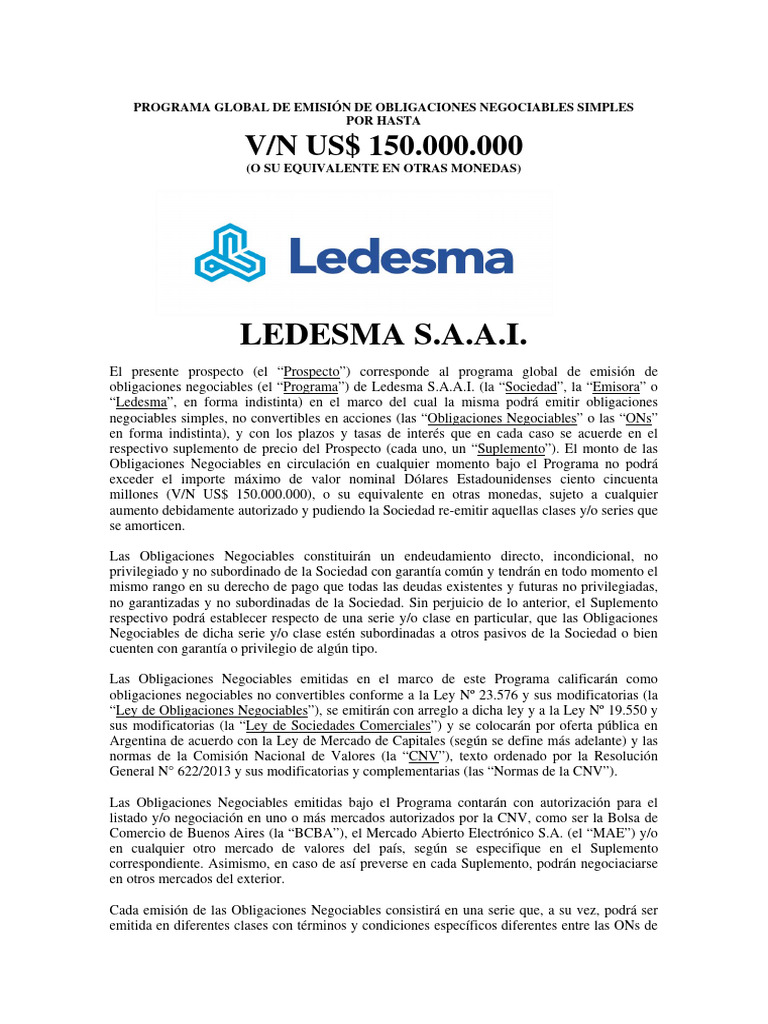 Prospecto Programa Ledesma | PDF | normas internacionales de INFORMACION FINANCIERA | Contabilidad