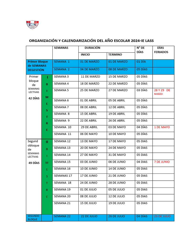 Organización y Calendarización Del Año Escolar 2024 | PDF