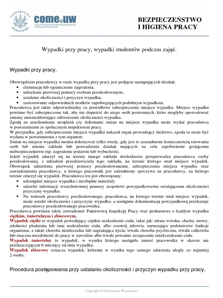 IV. Wypadki Przy Pracy, Wypadki Studentow Podczas Zajec BHP | PDF