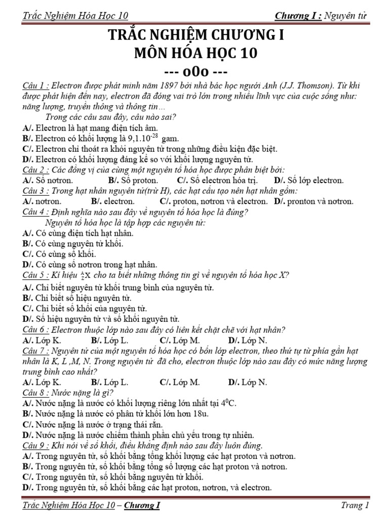 Bai Tap Trac Nghiem Mon Hoa Hoc Lop 10 | PDF