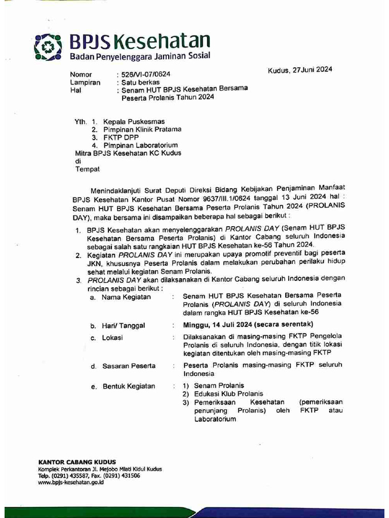 526 PMU Senam HUT BPJS Kesehatan Bersama Peserta Prolanis Tahun | PDF