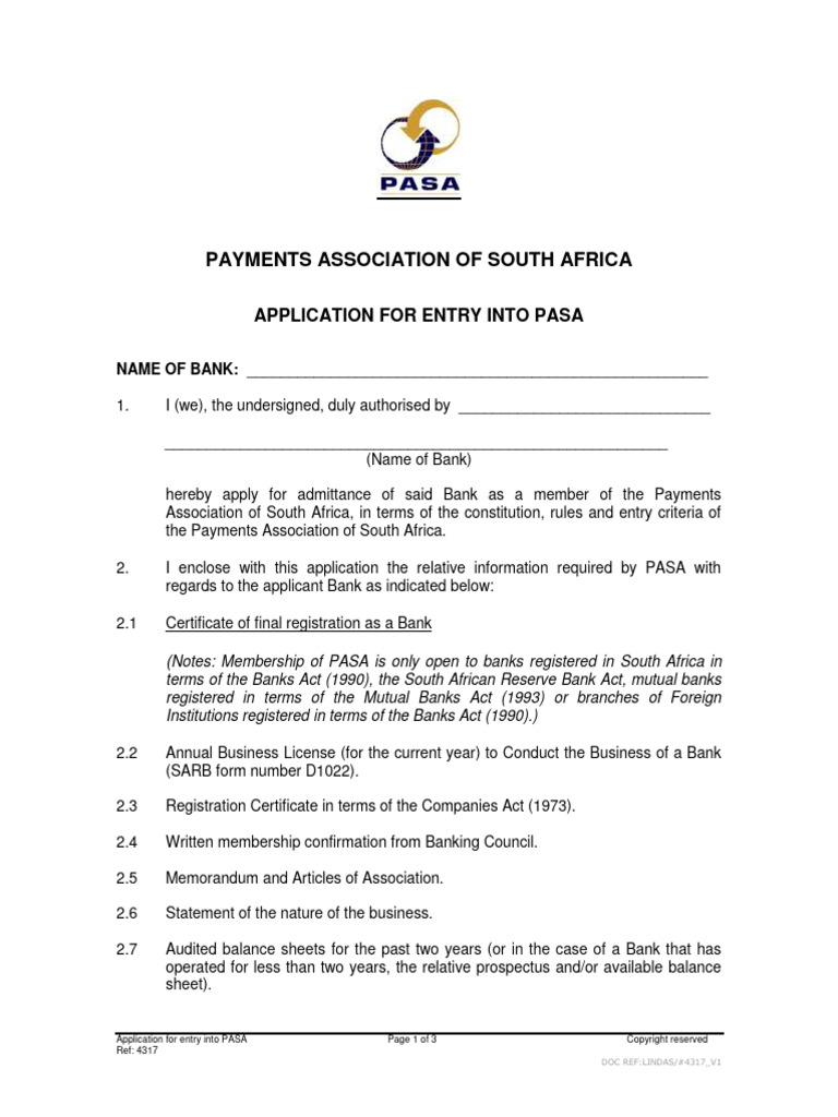 PASA Membership Application Form | PDF | Banks | Business Law