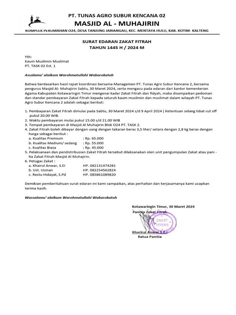 Surat Edaran Zakat Fitrah 1445 H-1 | PDF