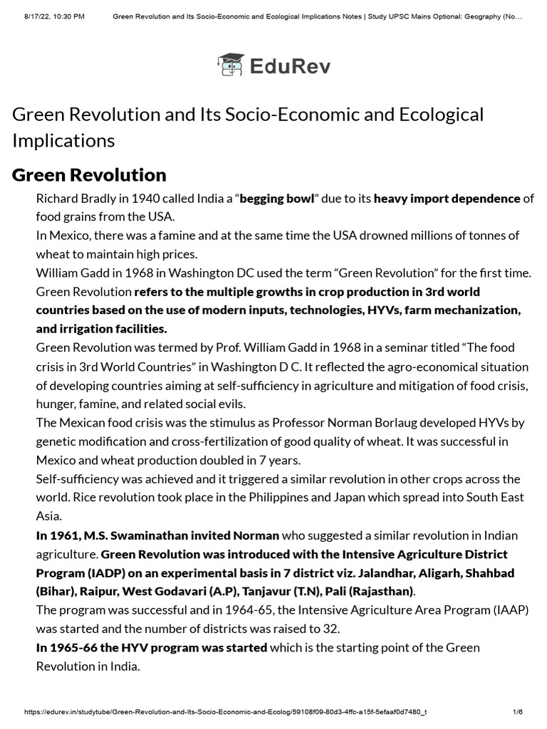 Green Revolution and Its Socio-Economic and Ecological Implications ...