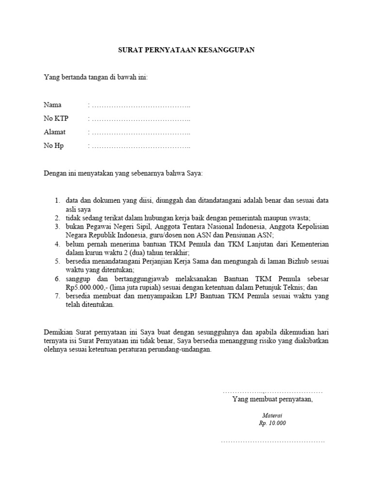 Surat Pernyataan Kesanggupan TKM Pemula 2024 | PDF | Hukum