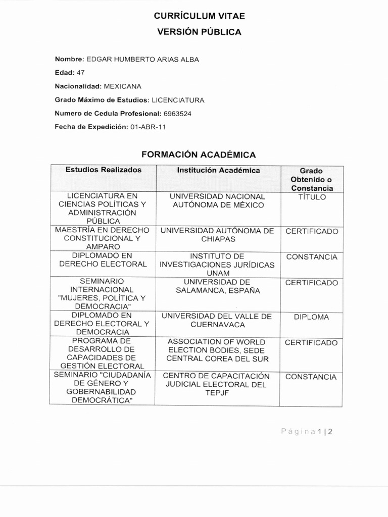 Currículum Vitae Versión Pública | PDF | Universidad | Democracia