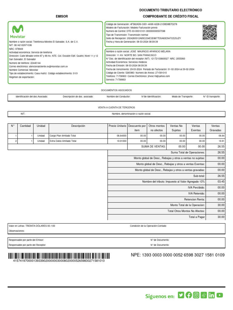 Documento Tributario Electrónico Comprobante de Crédito Fiscal | PDF ...