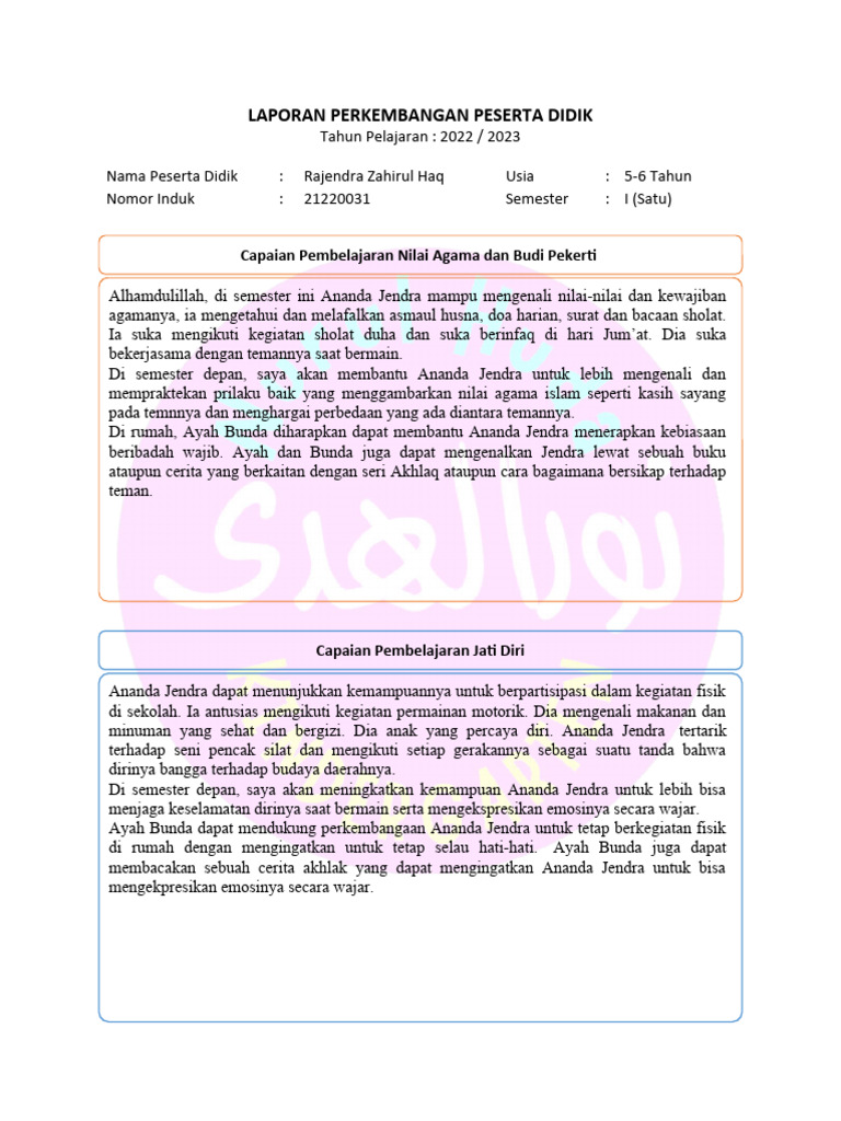 Contoh Rapor Paud Kurikulum Merdeka | PDF