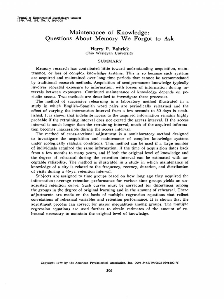 Bahrick, Questions About Memory | PDF | Regression Analysis | Memory