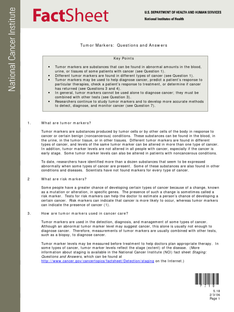 National Cancer Institute Tumor Markers Fact Sheet | PDF | Biomarker ...