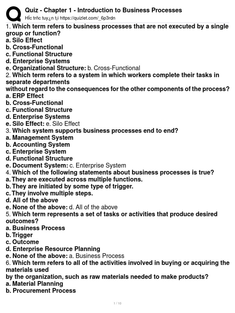 Quiz - Chapter 1 - Introduction To Business Processes | PDF | Business Process | Project Management