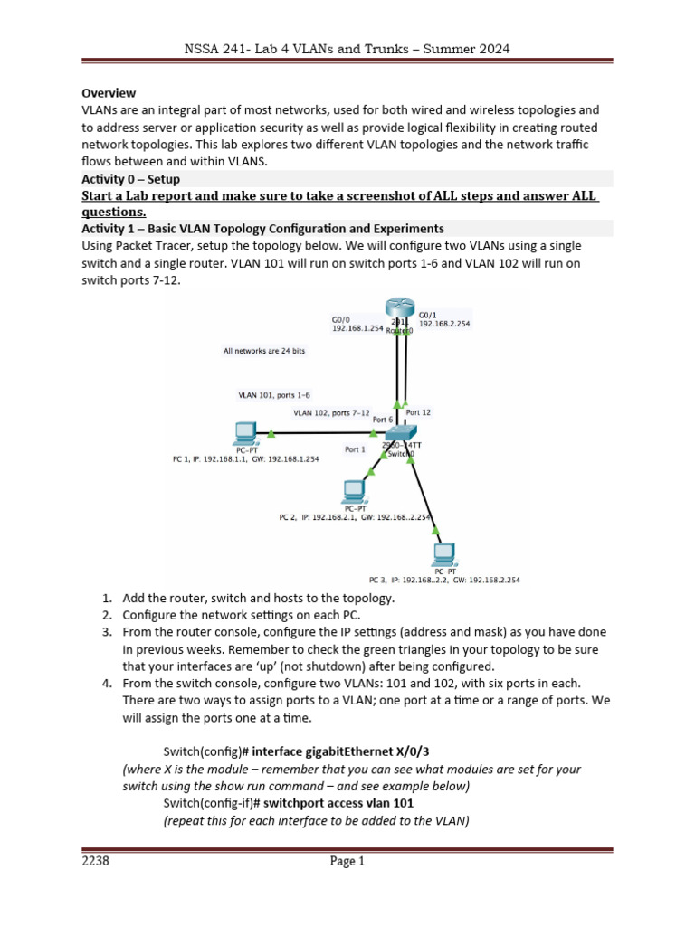 VLANs and Trunks Lab Guide 2024 | PDF | Computer Network | Network Topology