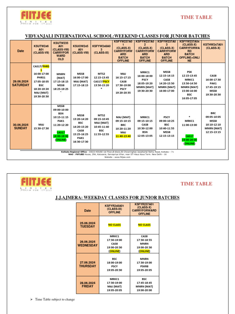 Time Table 25.06.2024-30.06.2024 Junior | PDF