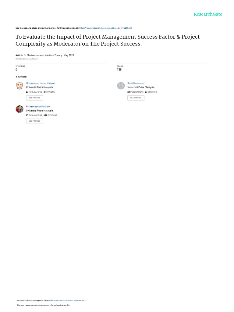 To Evaluate The Impact of Project Management Success Factor & Project Complexity As Moderator On ...