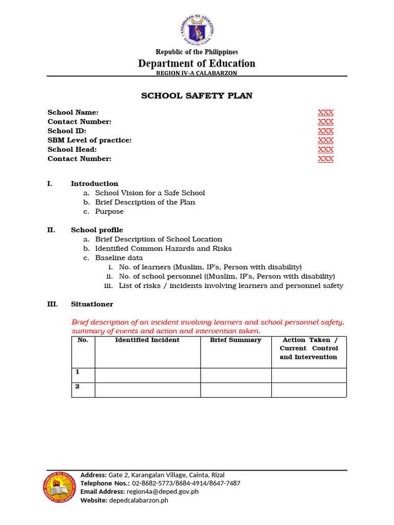 School Safety Plan - Template | PDF | Communication | Learning