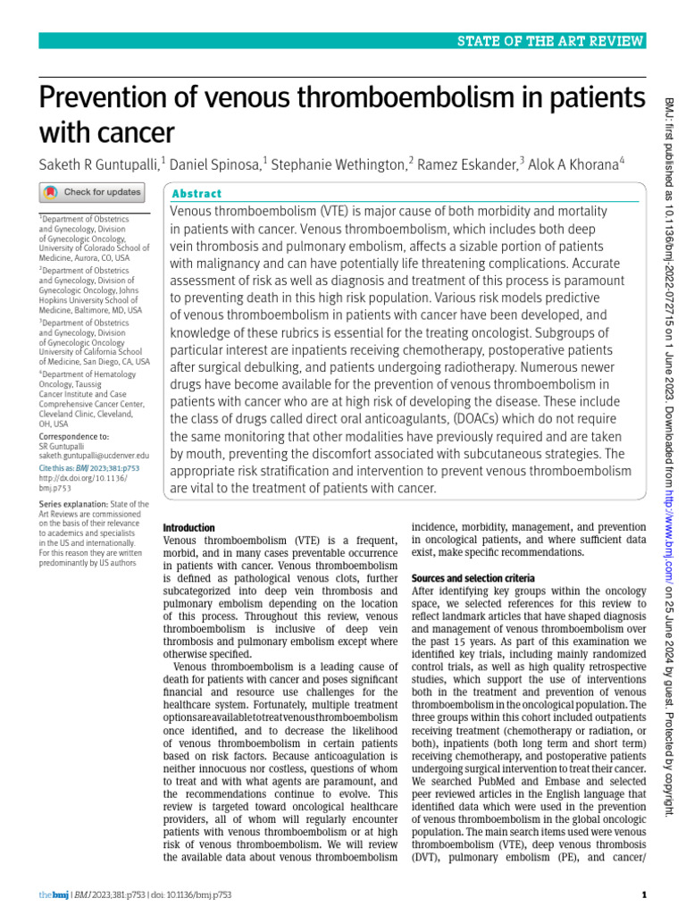 Prevention of Venous Thromboembolism in Patients With Cancer | PDF ...