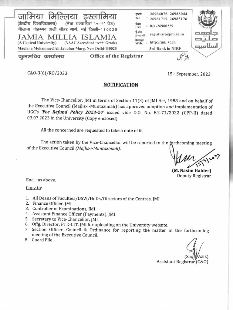 Jamia Fee Refund Policy by JMIEntrance - Com Team | PDF