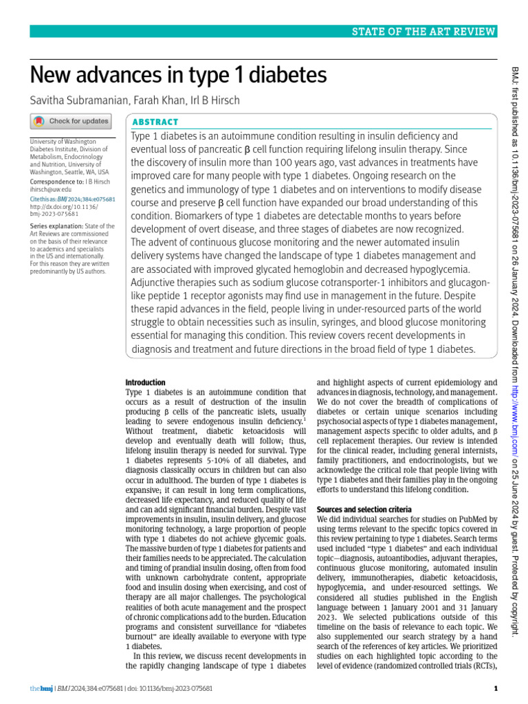 New Advances in Type 1 Diabetes BMJ | PDF | Diabetes | Human Diseases ...