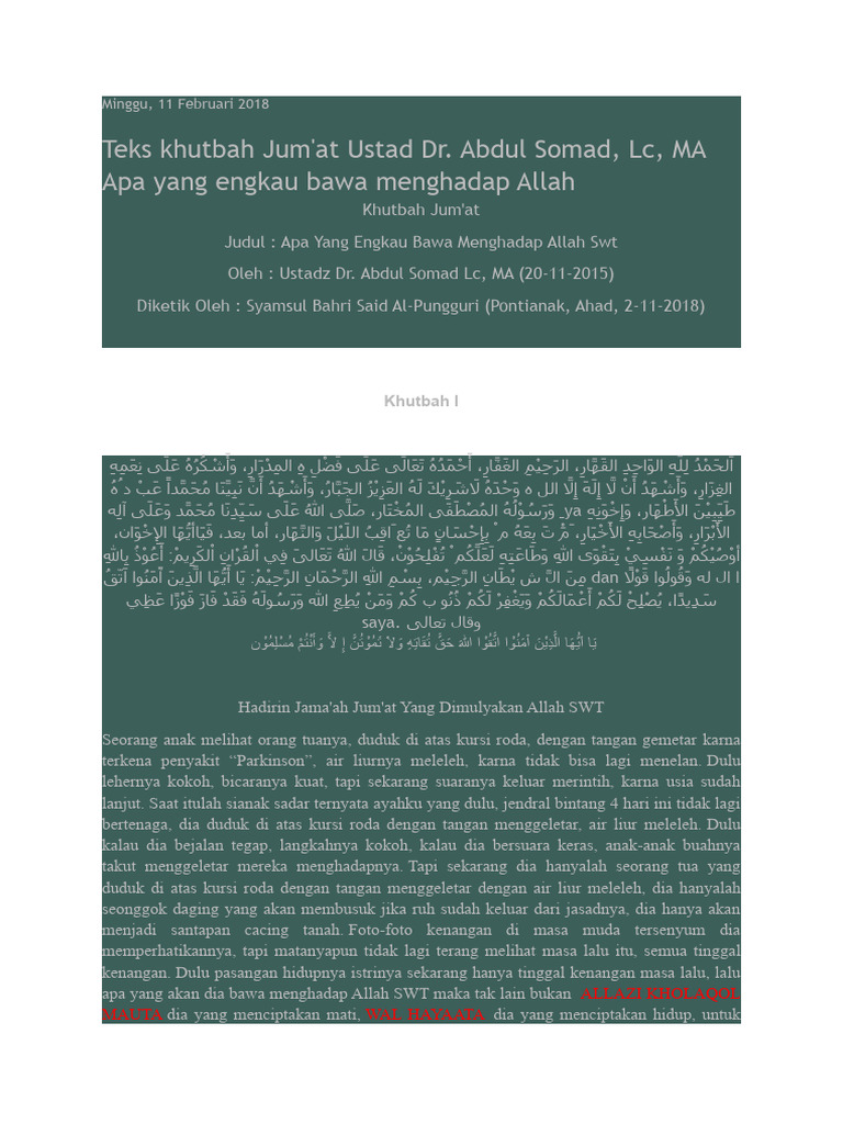 Teks Khutbah Jum'at Ustad Dr. Abdul Somad J LC J MA Apa Yang Engkau ...