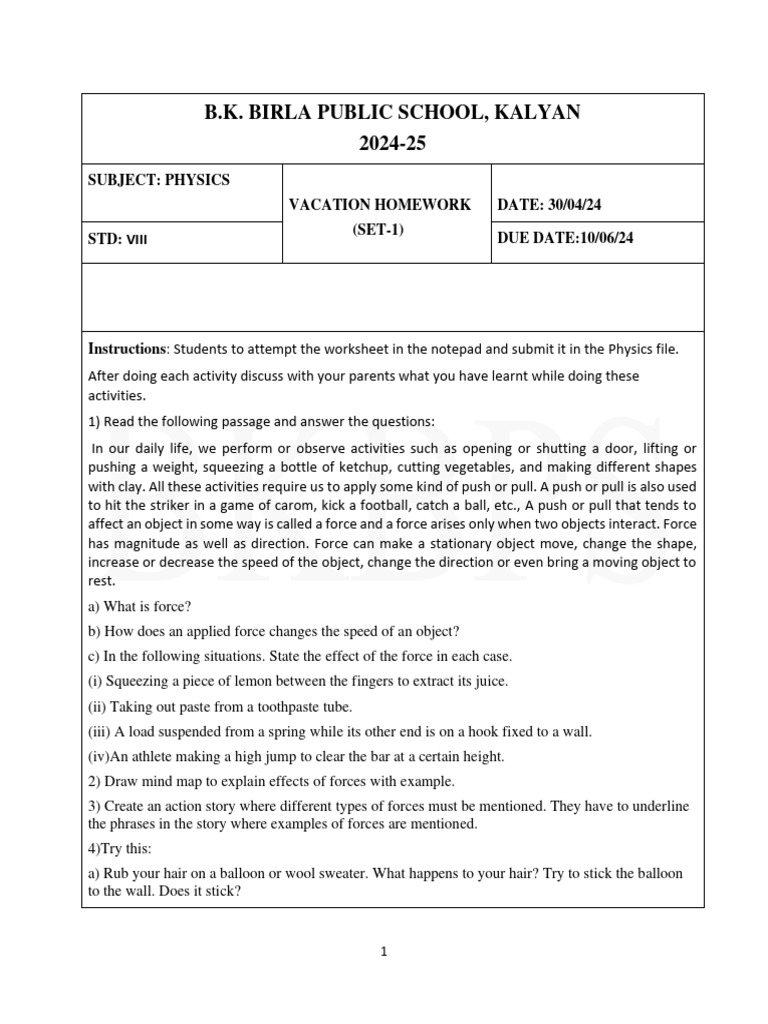 Class 8 Physics Vacation Homework 24-25 (Set 1) | PDF