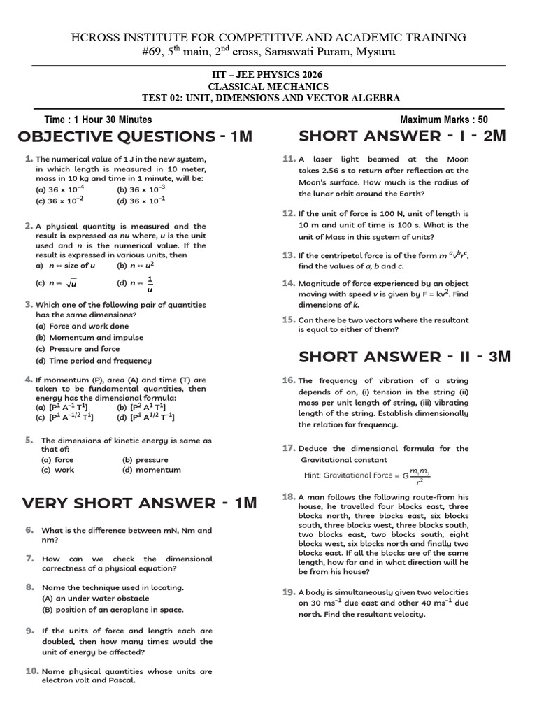 Unit Test 2 Physics | PDF | Velocity | Force