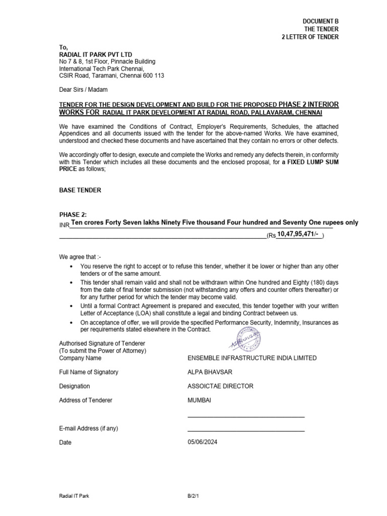 Doc B.2 - Letter of Tender | PDF | Civil Law (Legal System) | Common Law