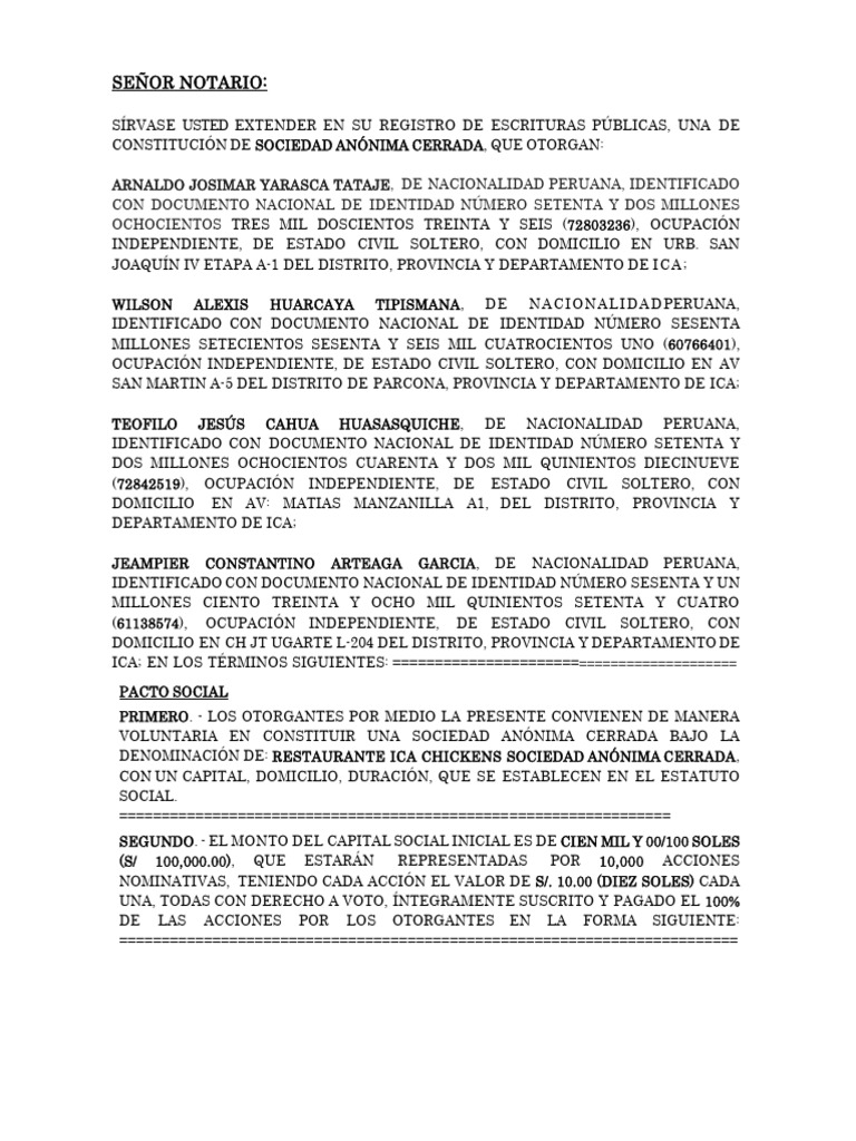 Constitución de Restaurante ICA Chickens S.A.C. | PDF | Dividendo ...