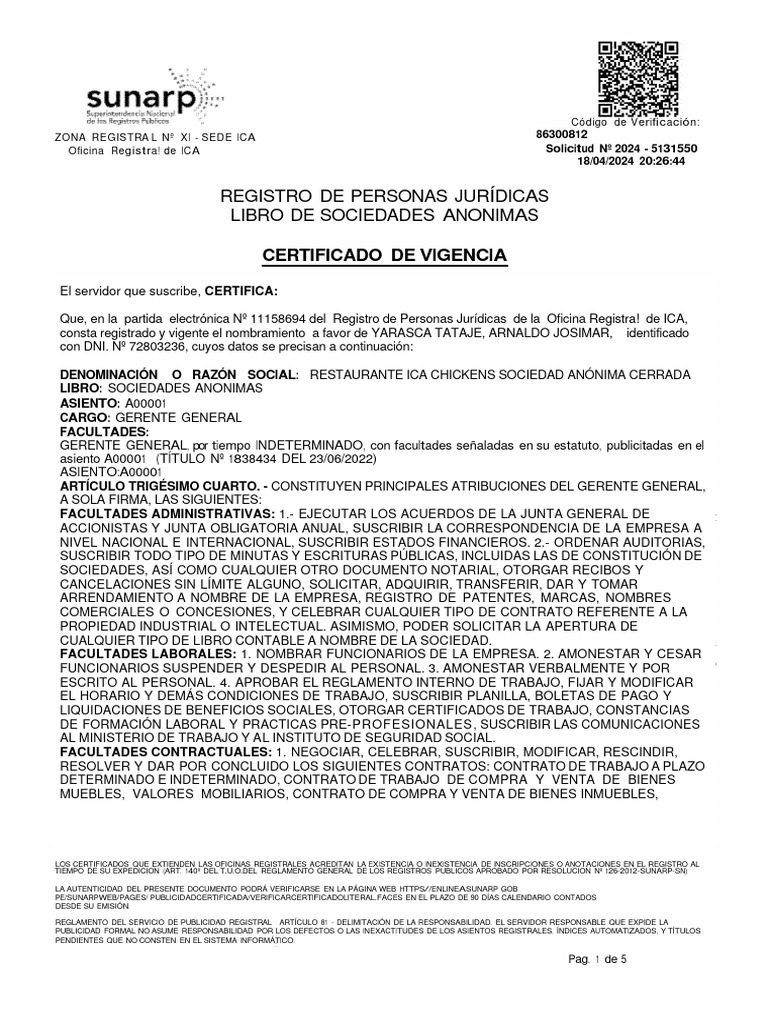 Certificado Vigencia Ica Chickens Sac | PDF | Ley procesal | Arbitraje