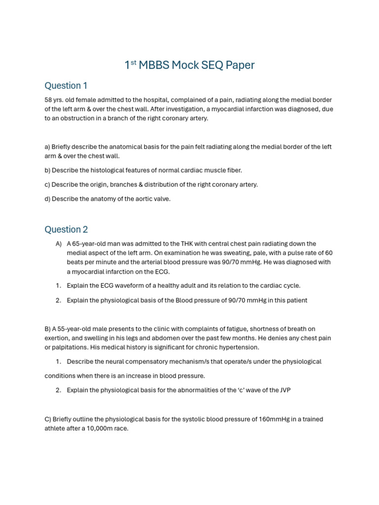 1st MBBS Mock SEQ Paper | PDF | Blood Pressure | Heart