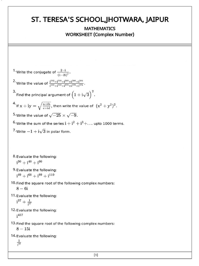 Worksheet (Complex Number) | PDF