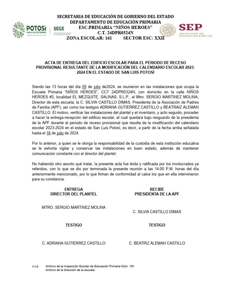 Acta de Entrega Del Edificio Escolar para El Periodo de Receso Provisional Resultante de La ...