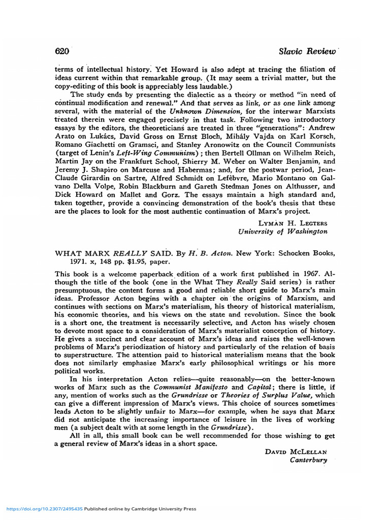 What Marx Really Said by H B Acton New York Schocken Books 1971 X 148 ...