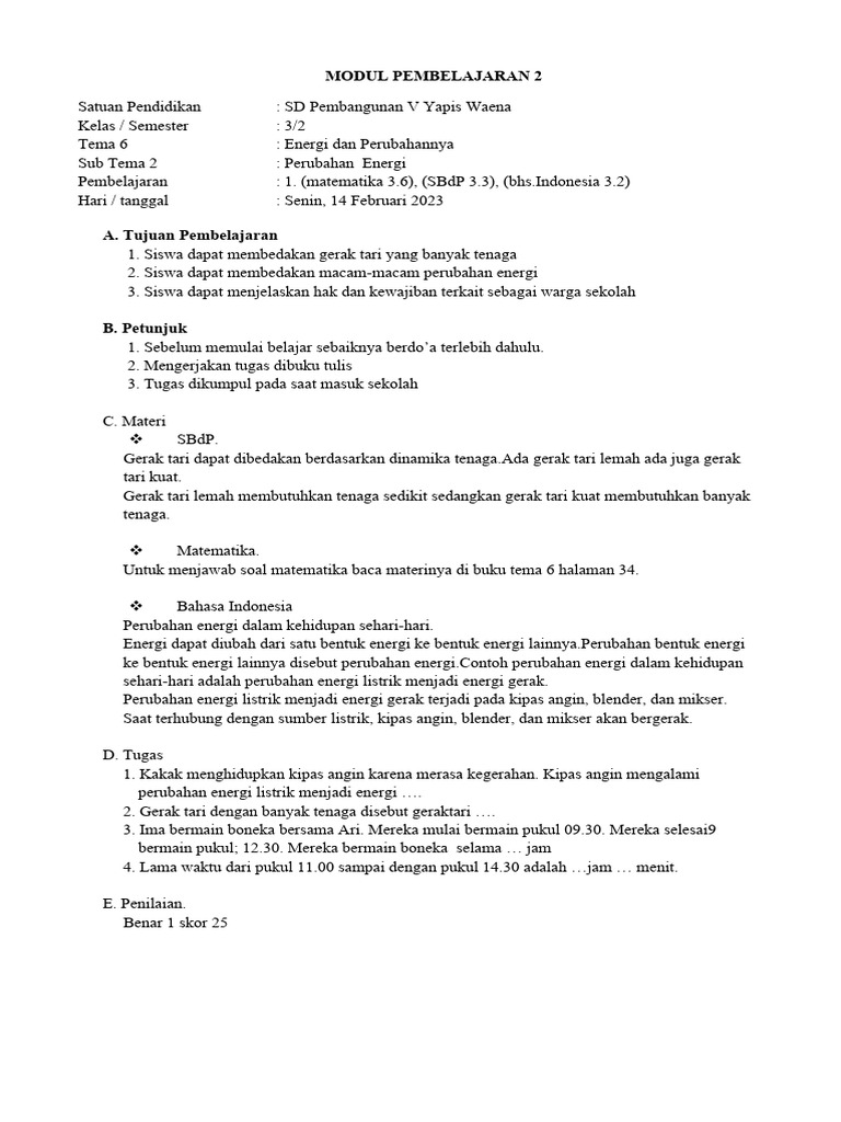 Modul Pembelajaran 2 Kelas 3a # | PDF