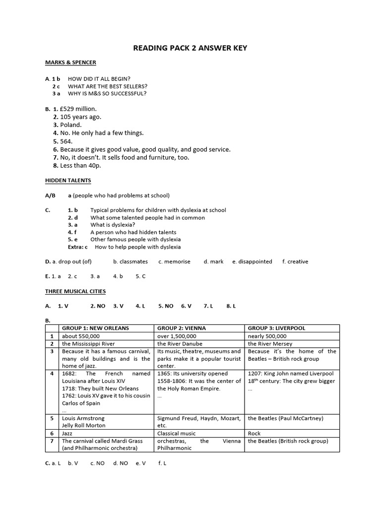 READING PACK 2 ANSWER KEY (Module 3-Preint) | PDF