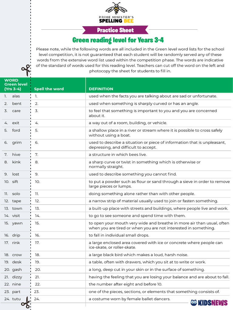 Green Level Vocabulary Practice Sheet | PDF