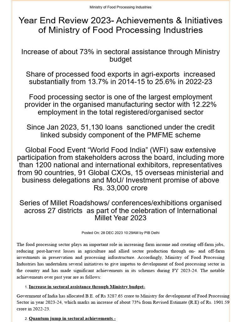 Achievements & Initiatives of Ministry of Food Processing Industries ...