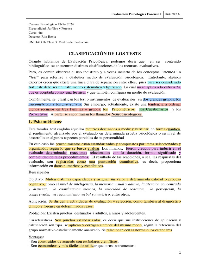 Clasificación de Tests Psicológicos | PDF | Sicología | Evaluación