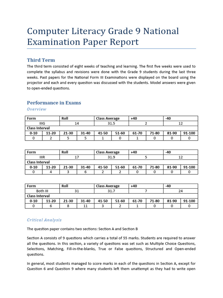 Computer Literacy Grade 9 National Examination Paper Report | PDF ...