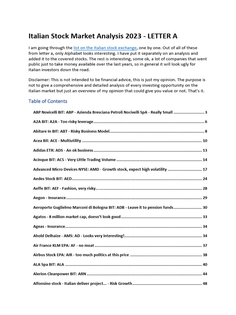 Italian Stock Market Analysis 2023 | PDF | Investing | Share Repurchase