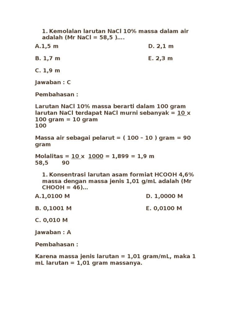 Soal dan Pembahasan Molaritas dan Kemolalan | PDF