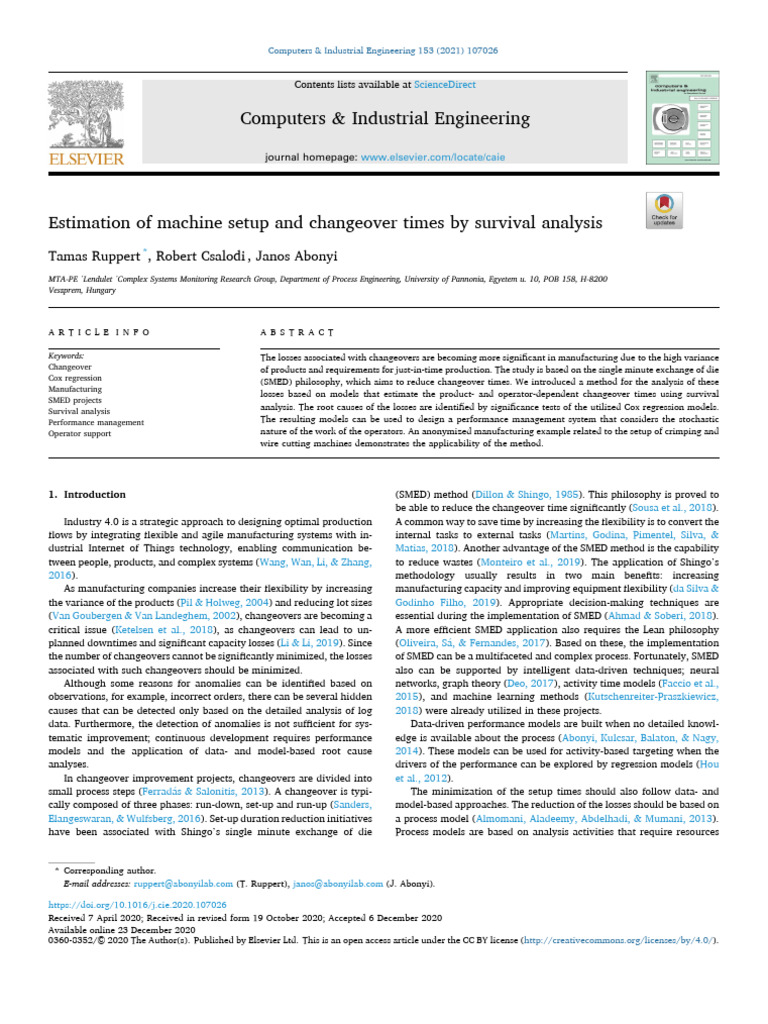 Estimation of Machine Setup and Changeover Times by Survival Analysis | PDF | Regression ...