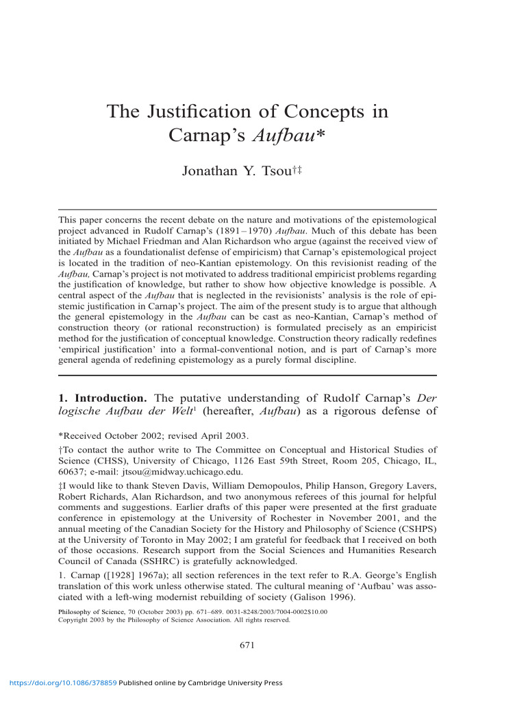 Tsou 2003 Carnap Aufbau PSA | PDF | Empiricism | Epistemology