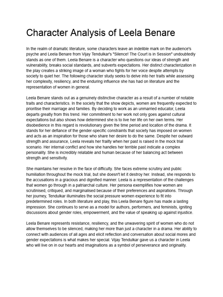 Character Analysis of Leela Benare | PDF | Gender | Gender Studies