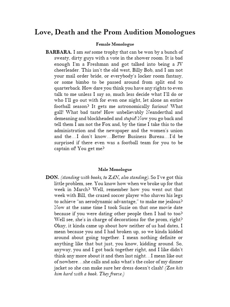 Love, Death and The Prom Audition Monologues | PDF