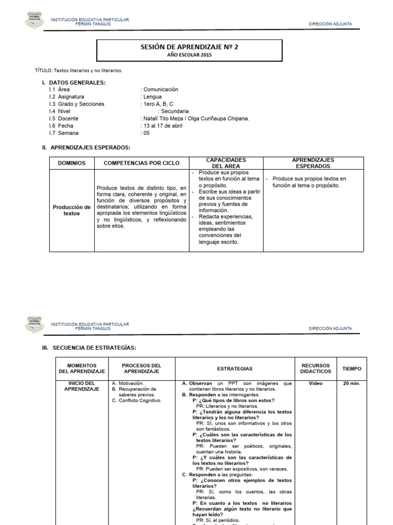 Sesion de Aprendizaje N 2 Textos Literarios y No Literarios | PDF | Aprendizaje | Evaluación