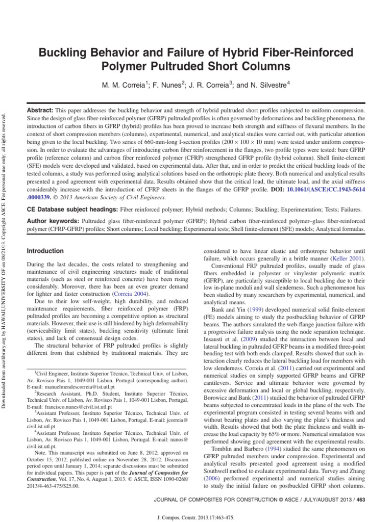 Buckling Behavior and Failure of Hybrid Fiber-Reinforced Polymer Pultruded Short Columns | PDF ...