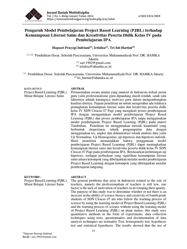 Pengaruh Model Pembelajaran Project Based Learning (PJBL) Terhadap Kemampuan Literasi Sains Dan ...