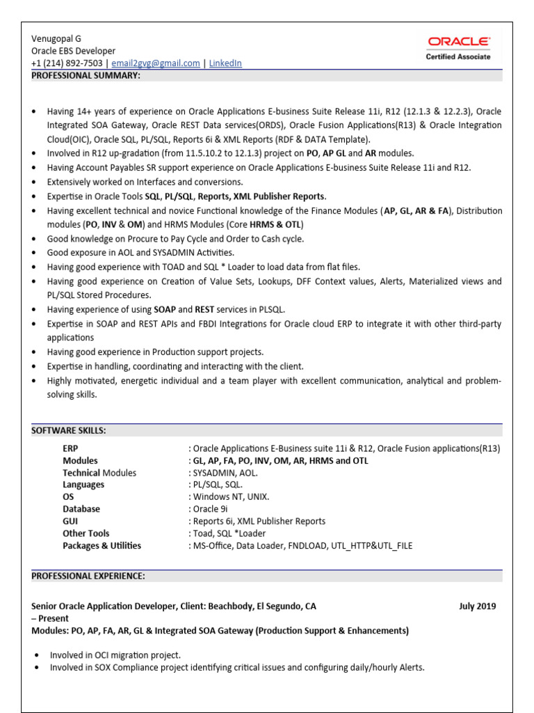Oracle EBS Developer Resume Summary | PDF | Accounts Payable | Software ...