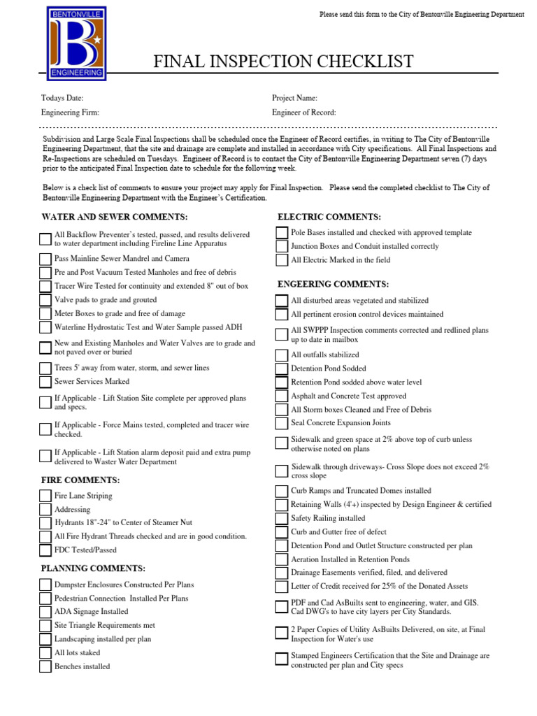 Final Inspection Checklist 5-4-18 - 201805041351554362 | PDF | Storm Drain